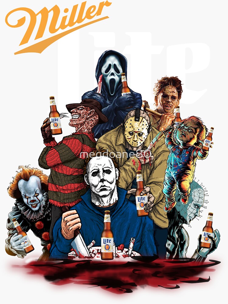 "Halloween Horror Characters Drink Miller Lite" Sticker by megdoane80 ...