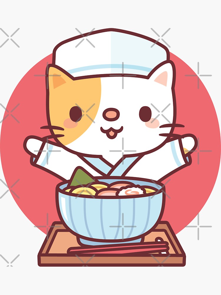 "Cute Neko Cat Chef Serving Japanese Ramen Noodles" Sticker by ...