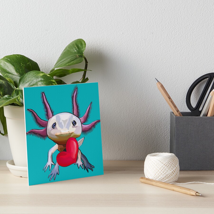 "Axolotl with Heart Pink Axolotl on teal" Art Board Print by BeeFoxTree ...