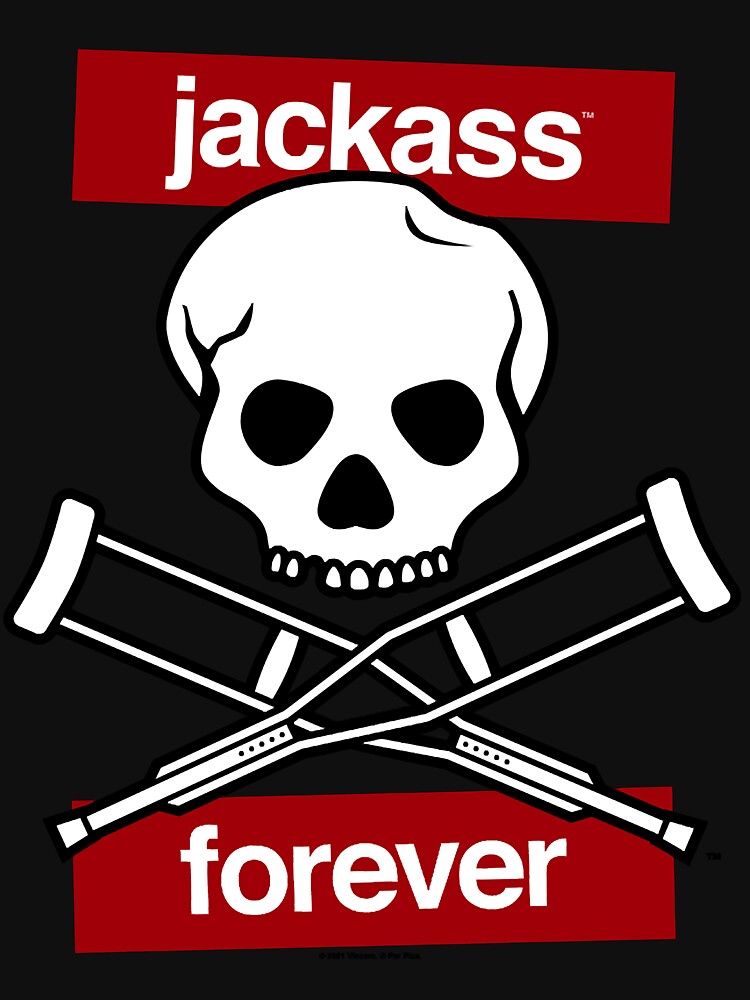 "Jackass Forever Red Skull And Crutches Warning Logo Sweatshirt" T ...