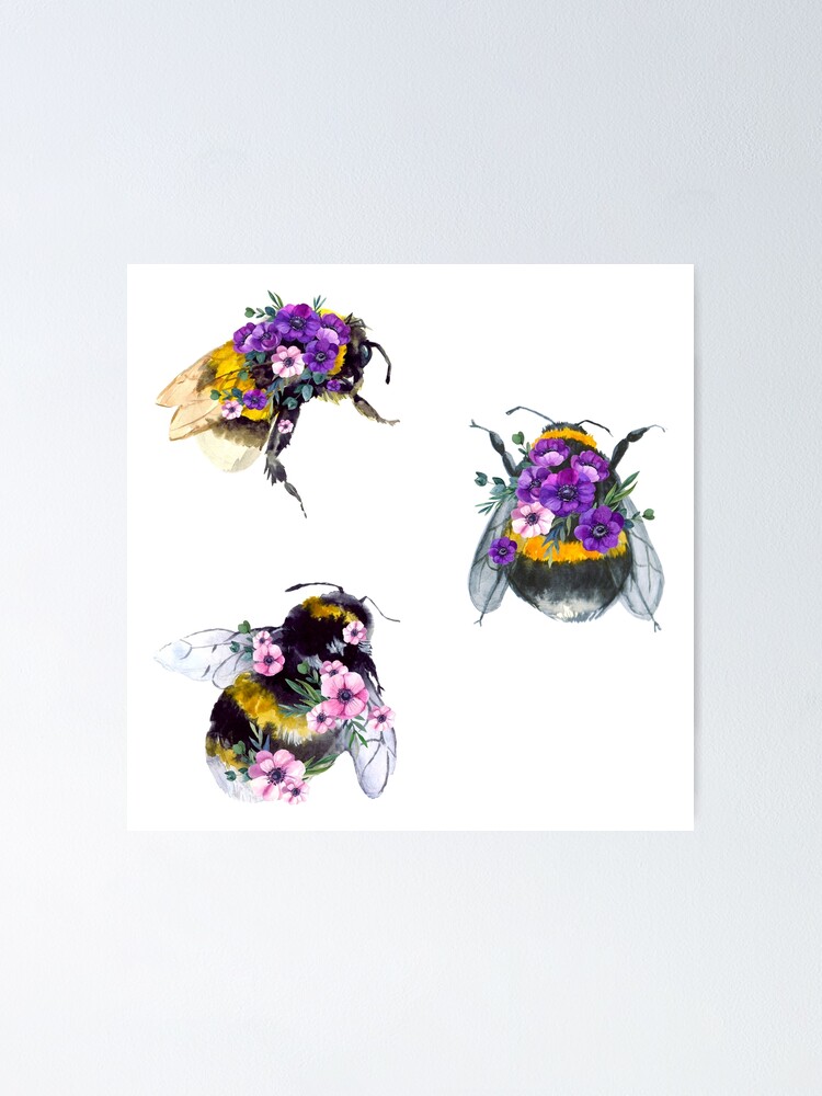 "Floral Bumble Bees, Purple Watercolor Aesthetic Bee Pack" Poster for ...