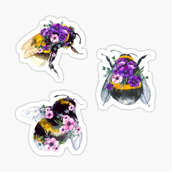 "Floral Bumble Bees, Purple Watercolor Aesthetic Bee Pack" Sticker for ...