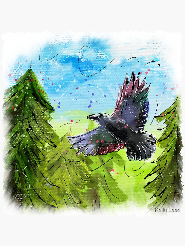 "Happy Raven flying through the forest" Sticker by DragonpupLees ...