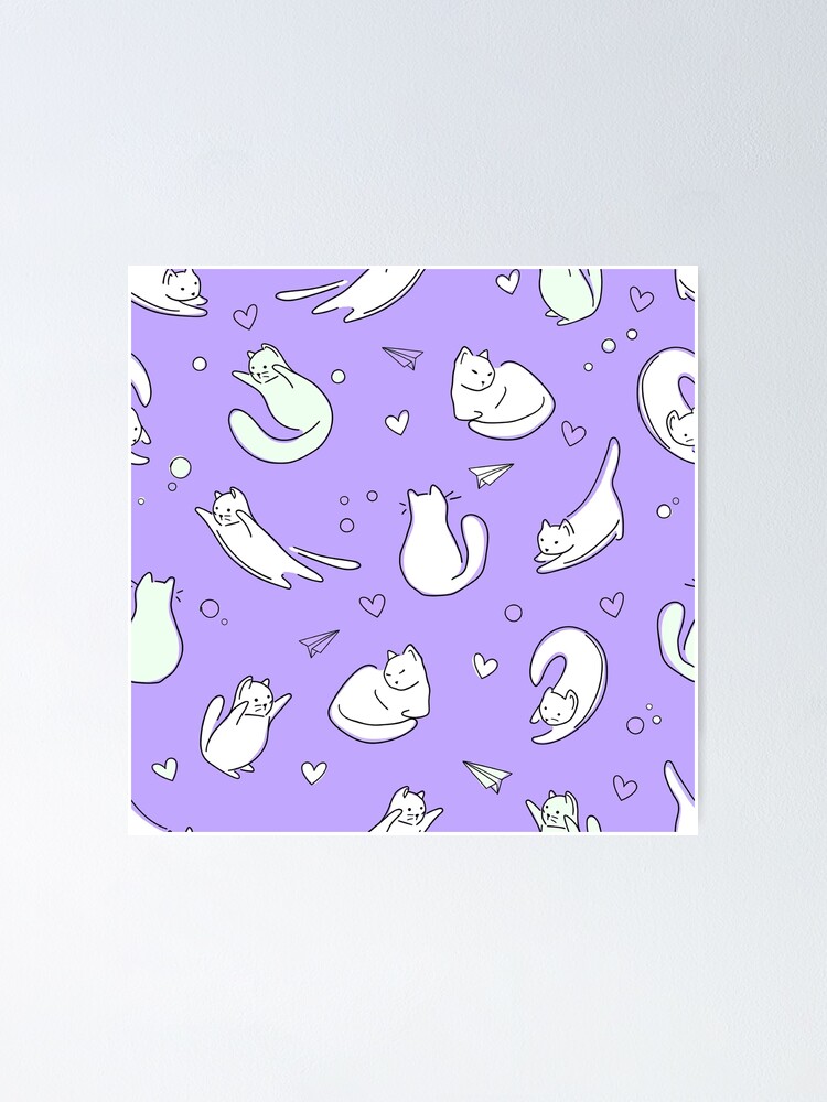 "Cute Cats Doodle Seamless Pattern with a Purple Background" Poster for ...
