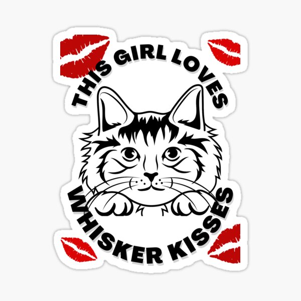 "WHISKER KISSES, cat lady, red lips black stencil, cat lover" Sticker ...