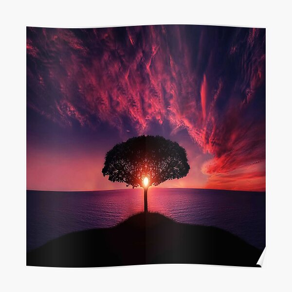 "Red Sunset Tree Shadow Waves Blue Summer Sea" Poster for Sale by ...