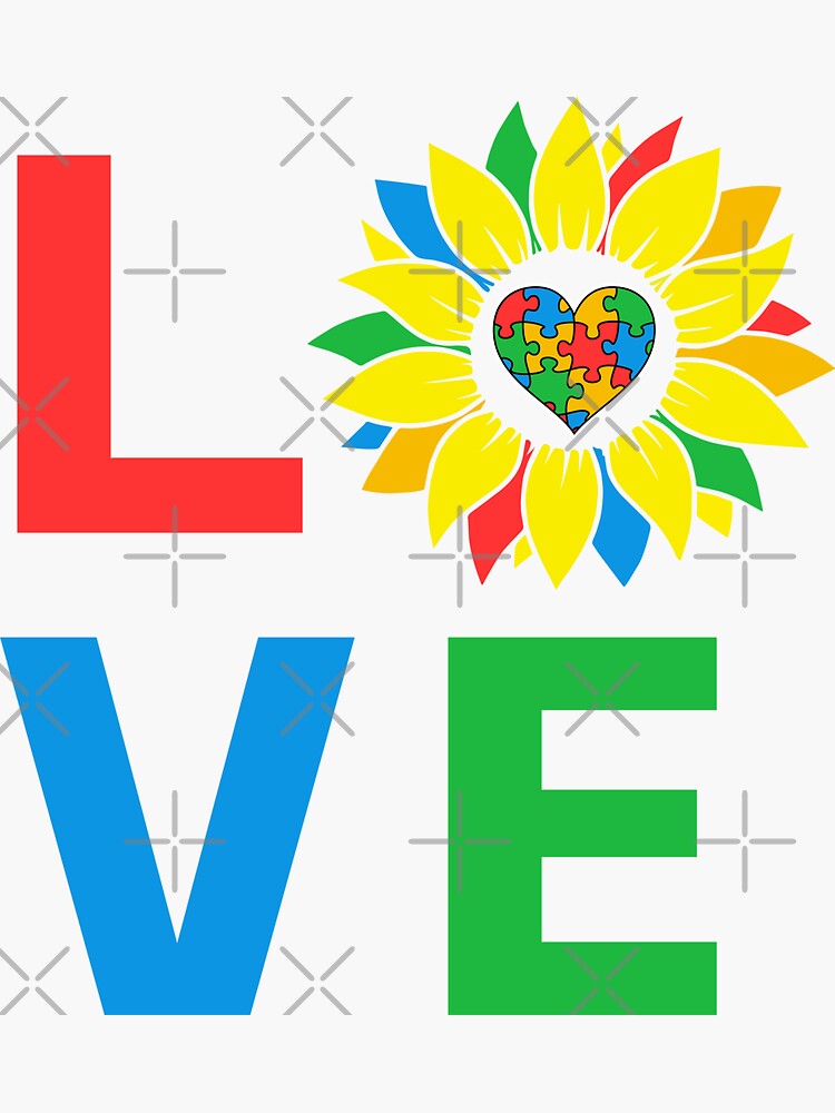 "Autism Awareness Sunflower LOVE Puzzle Pieces Heart" Sticker by sundae ...