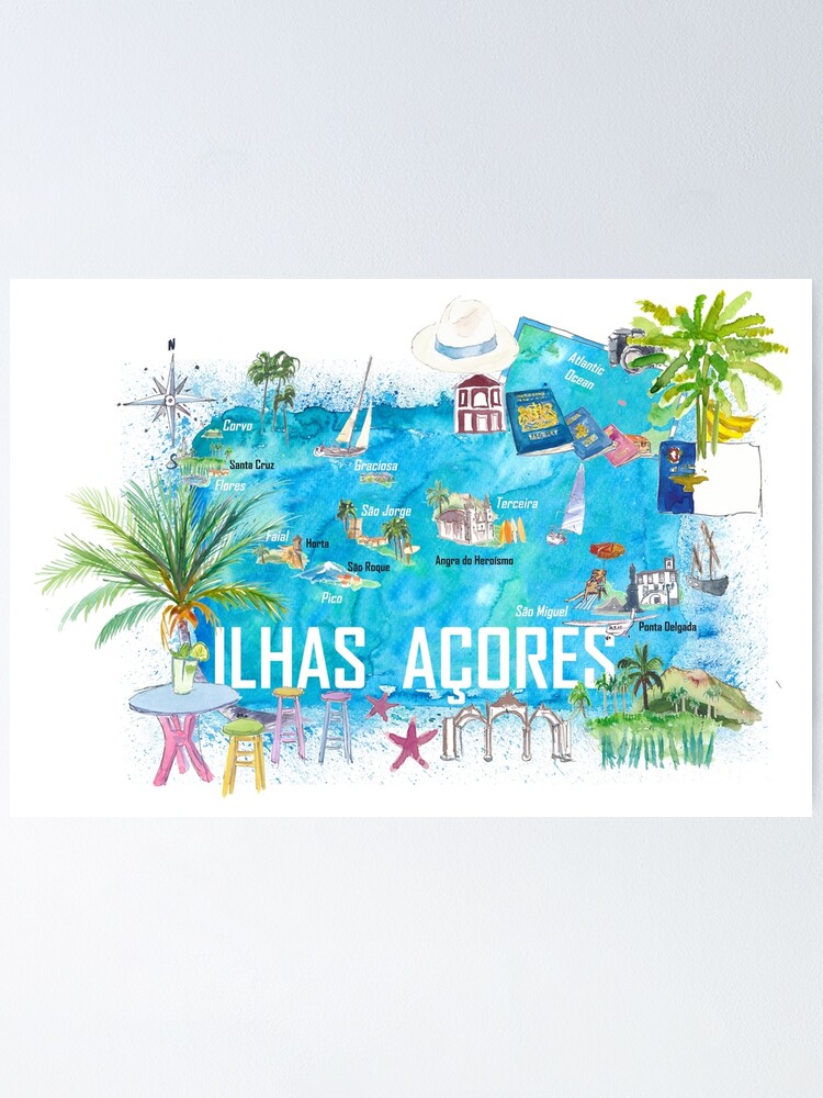 "Azores Islands Portugal Illustrated Travel Map with Tourist Highlights ...
