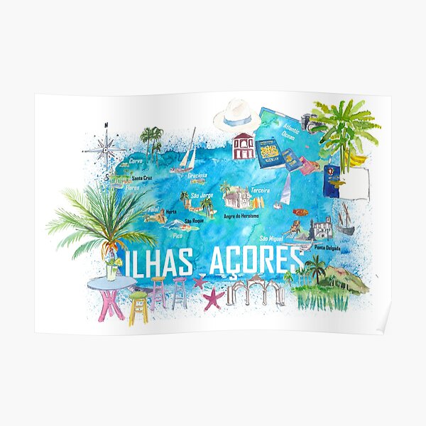 "Azores Islands Portugal Illustrated Travel Map with Tourist Highlights ...