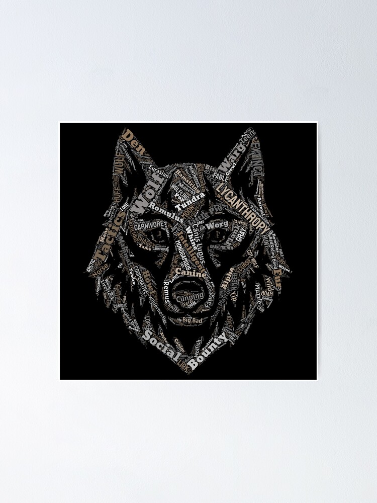 "Dark Wolf Head Portrait Made Of Words Associated With Wolves" Poster ...