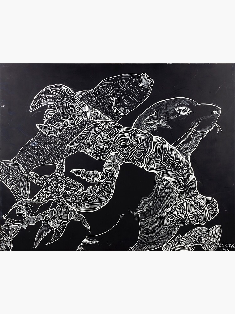 "scratchboard art piece of sea creatures " Sticker by absurdlycurly ...