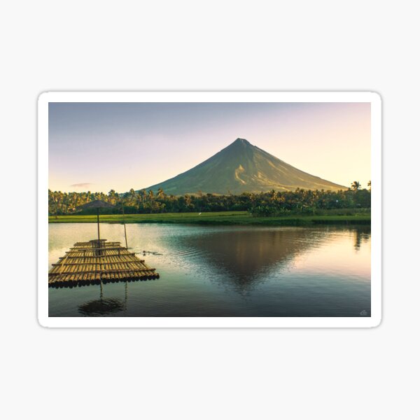 "Floating bamboo in the river lake and Mayon Volcano" Sticker by ...