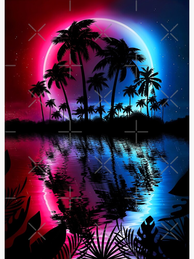 Póster «Paisaje de neón: círculo de neón en una playa tropical» de ...