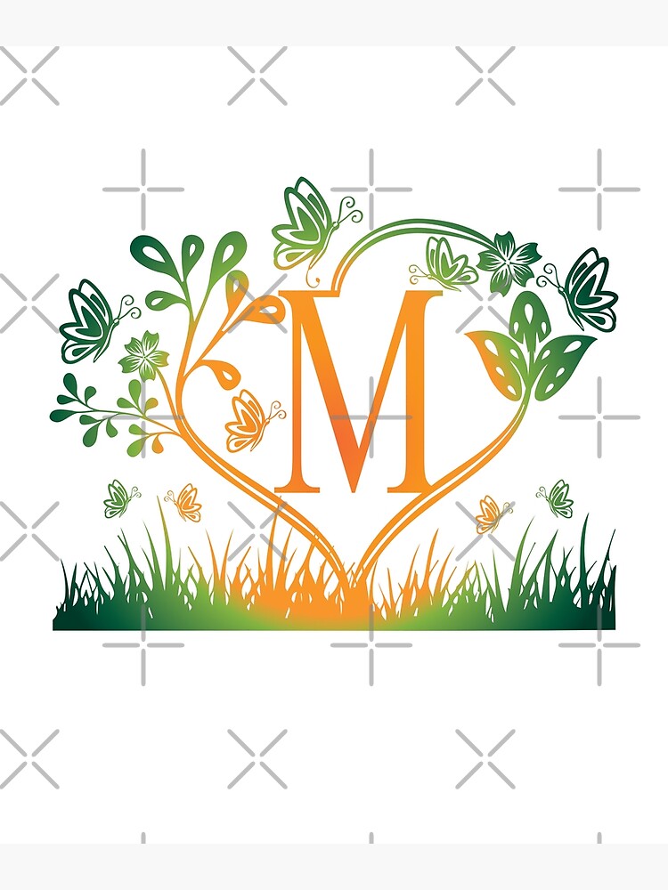 Póster «Letra ornamental M, mariposa verde y amarilla y rosa, adorno de ...