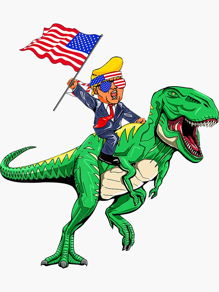 "Funny Trump Riding Dinosaur American Flag Republican" Sticker by ...
