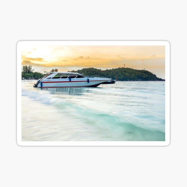 "Speedboat docking at the beach in sunset " Sticker by Anucha64 | Redbubble