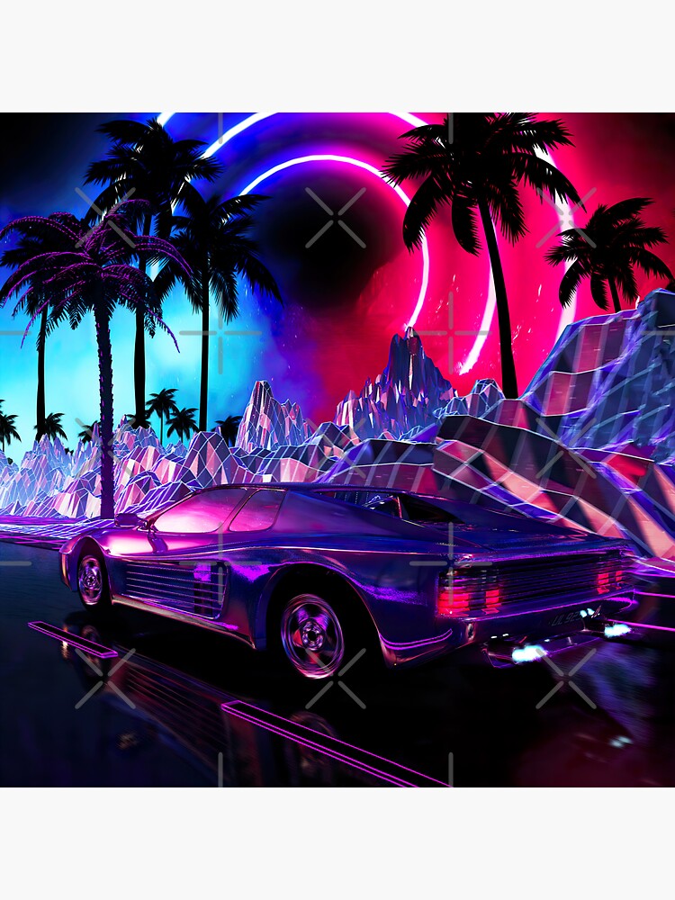 "Neon landscape: Synthwave horizon & sport car" Sticker by ...