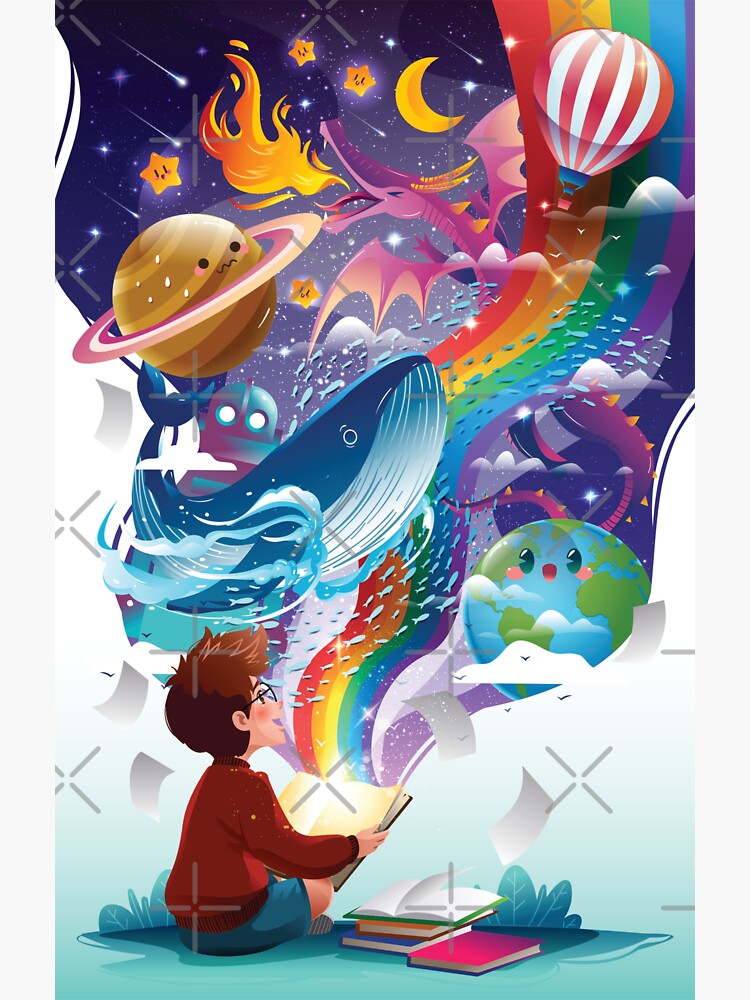 "literacy day poster with a Boy Reading books" Sticker by SaidDhaouadi ...