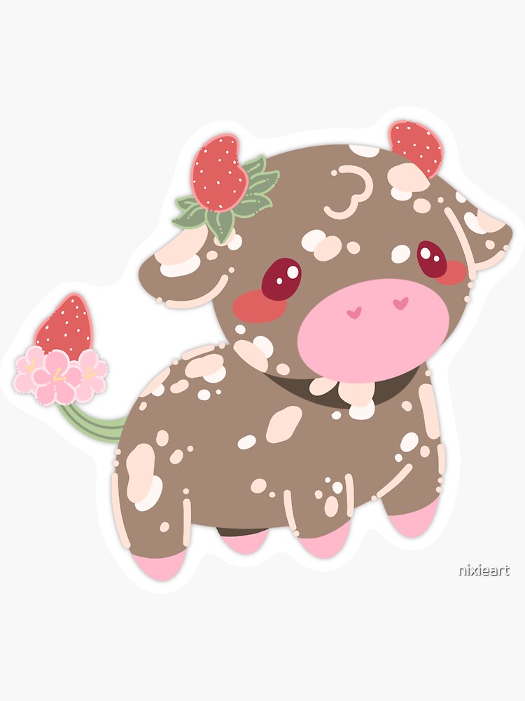 "Hibiscus Strawberry Cute Cow Sticker Kawaii Brown Fruit" Sticker by ...