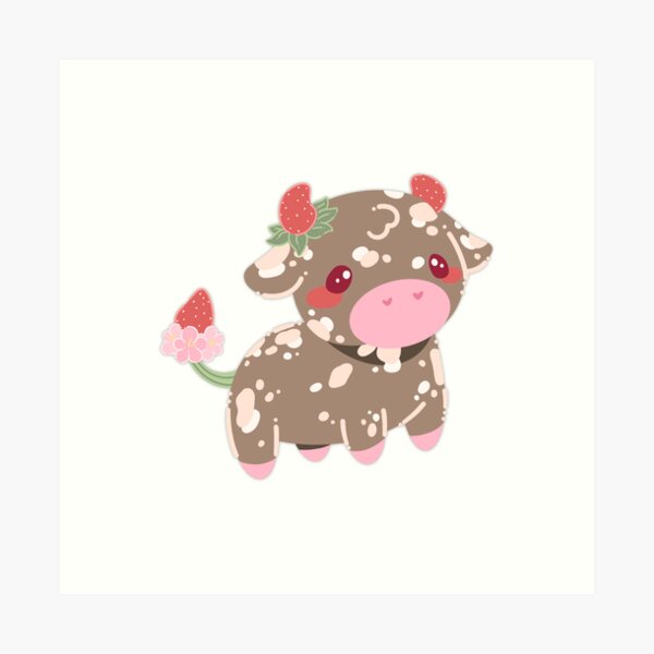 "Hibiscus Strawberry Cute Cow Sticker Kawaii Brown Fruit" Art Print for ...
