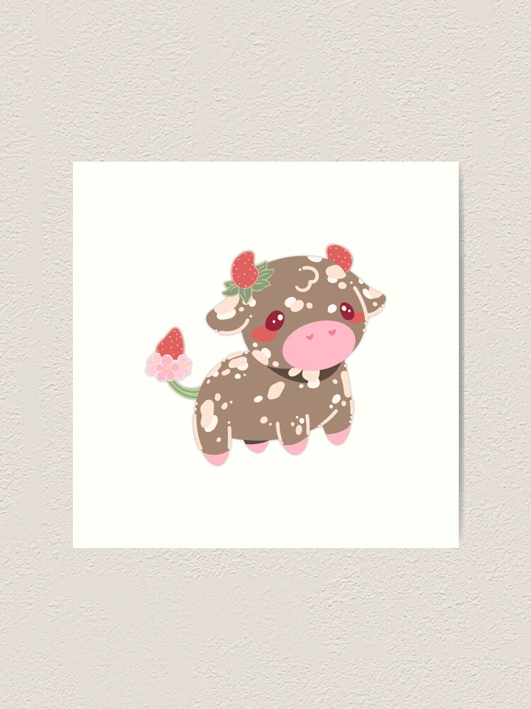 "Hibiscus Strawberry Cute Cow Sticker Kawaii Brown Fruit" Art Print for ...
