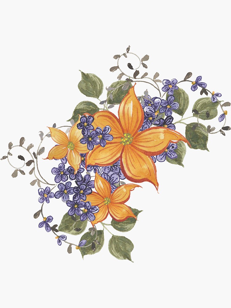 "Orange Flowers and Forget-me-nots (Blue)" Sticker for Sale by ...