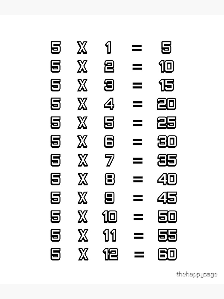 "5 X Table Five Times Table Chart Multiplication Tables - White ...