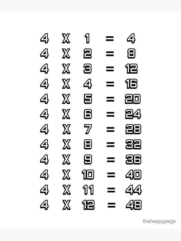 "4 X Table Four Times Table Chart Multiplication Tables - White ...