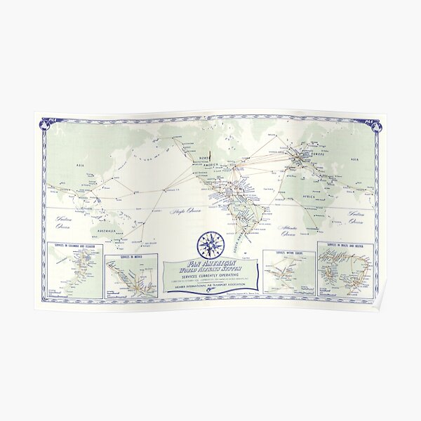 "Pan Am (Pan American) Airlines World Route Map Circa 1955" Poster for ...