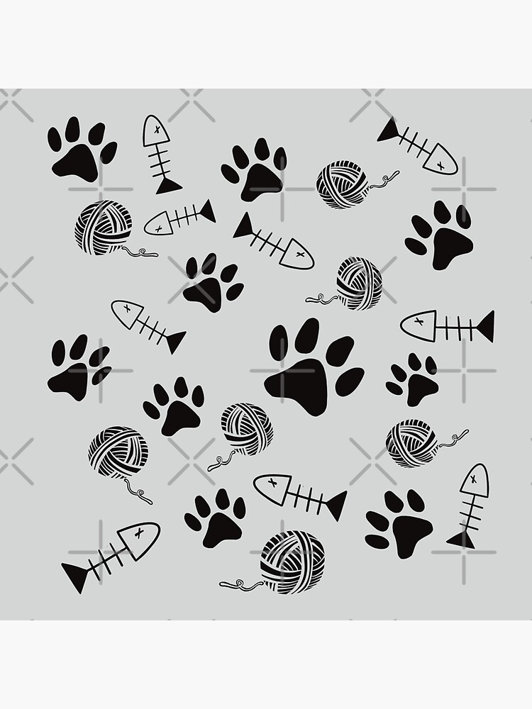 "Cat Paw Print, Fish Bones, Ball of Yarn Pattern - Black On White ...