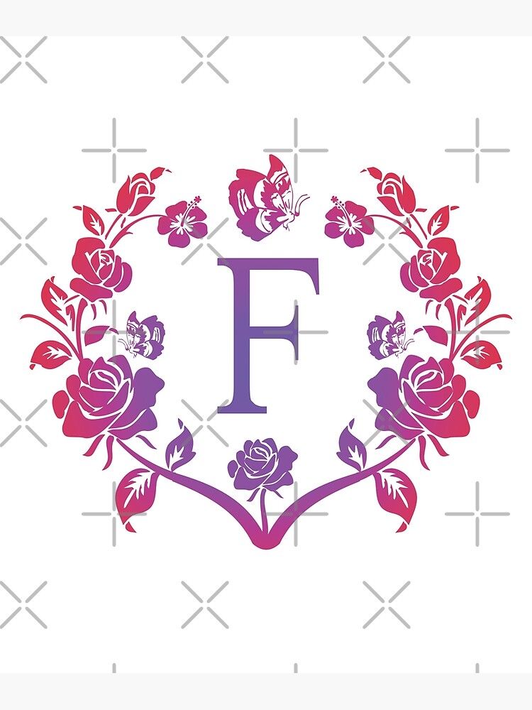 Póster «Letra ornamental F, mariposa de corazón púrpura y rojo, adorno ...