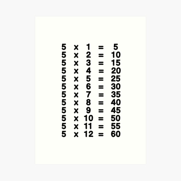 Lámina artística «5 X Table Five Times Table Aprender tablas de ...