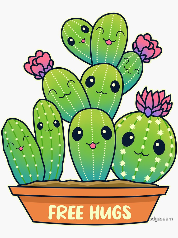 "Cute Kawaii Cactus Cacti Free Hugs" Sticker by odyssee-n | Redbubble