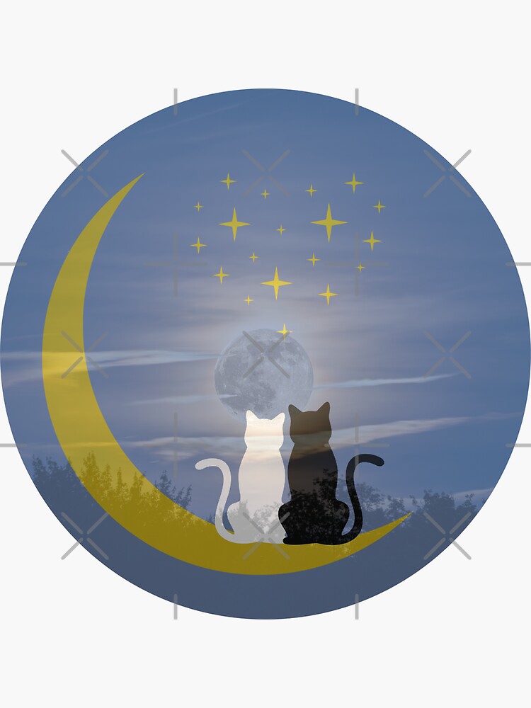 Pegatina «Two Cats Full Moon - Linda pareja de gatos - Arte de gatos ...