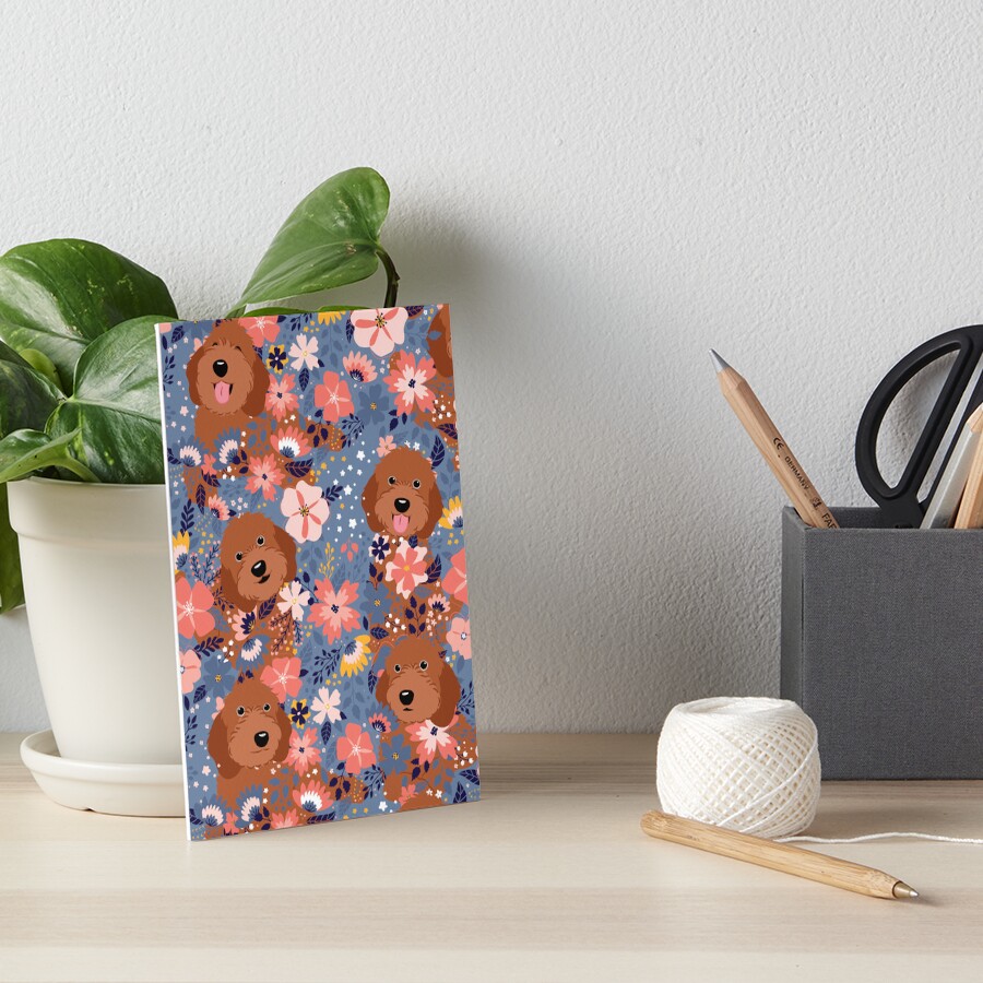 "Red Ruby Cockapoo Cavapoo Cavoodle Garden - Blue Background" Art Board ...