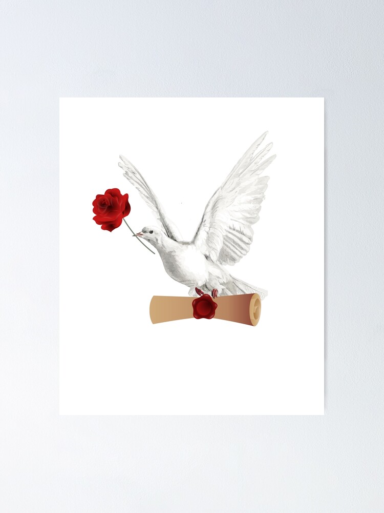 "Illustration of a Bird carrying a Message and Flower classic" Poster ...