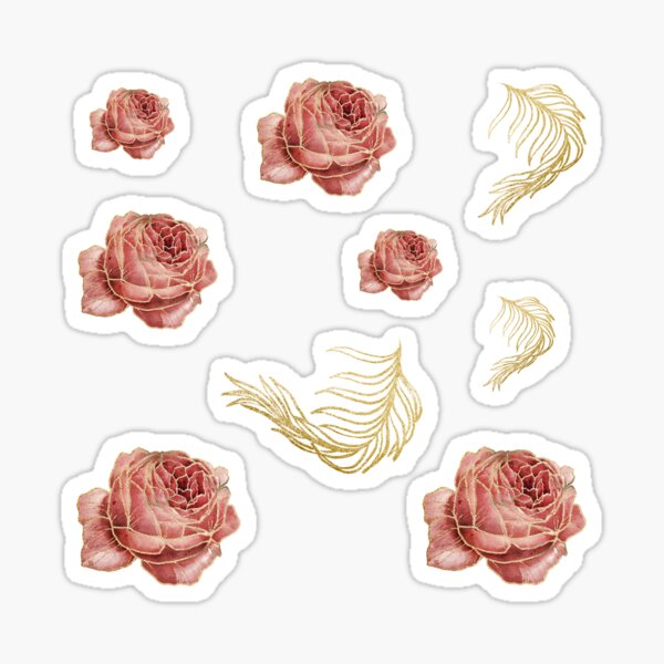 "Pretty Cabbage Rose Floral Pattern in Rose Gold with Glitter " Sticker ...