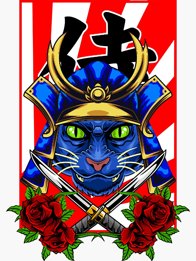 "Samurai Cat Blue Kabuto 003 " Sticker by astevenstu | Redbubble