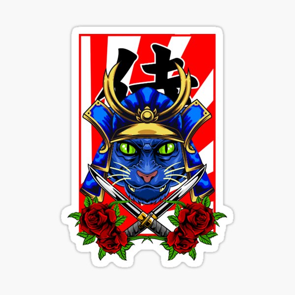 "Samurai Cat Blue Kabuto 003 " Sticker by astevenstu | Redbubble