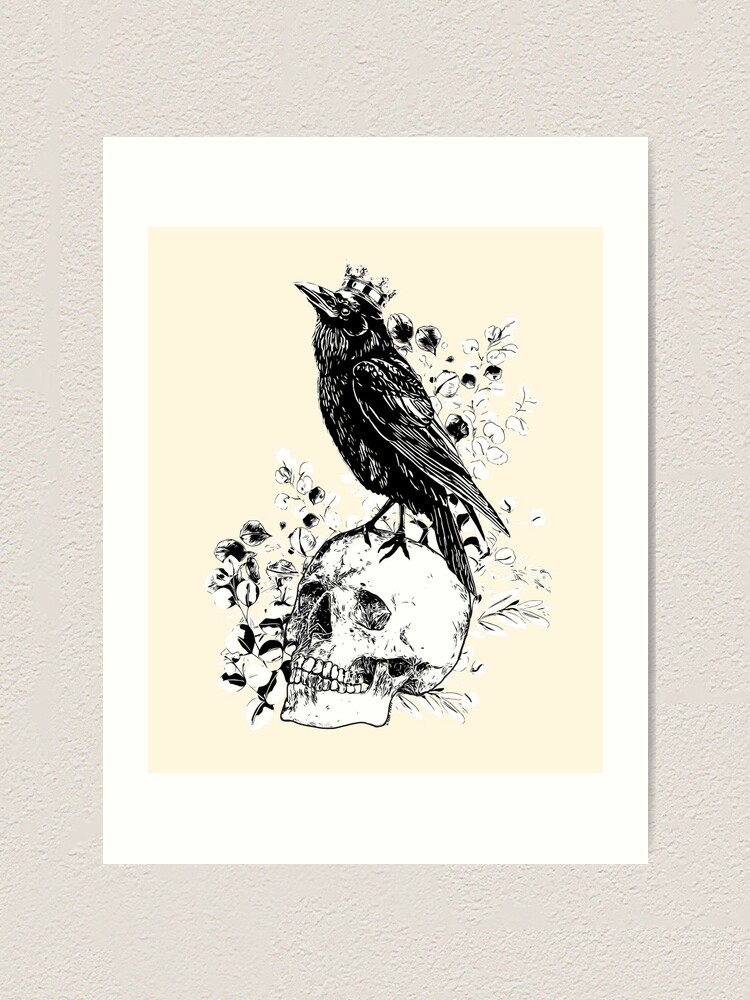 "Black raven with skull and crow, skeleton eucaliptus leaves, creepy ...