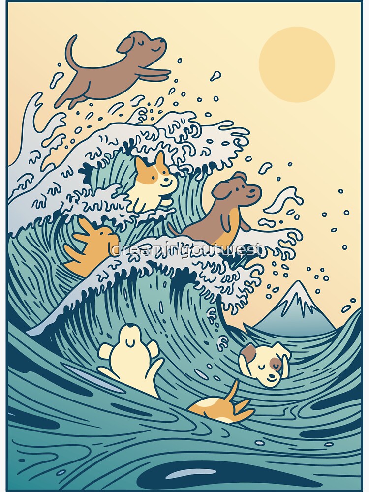"Group of dogs riding the waves together " Sticker by dreamingoutwest ...