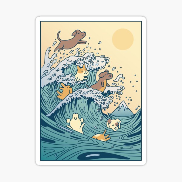 "Group of dogs riding the waves together " Sticker by dreamingoutwest ...