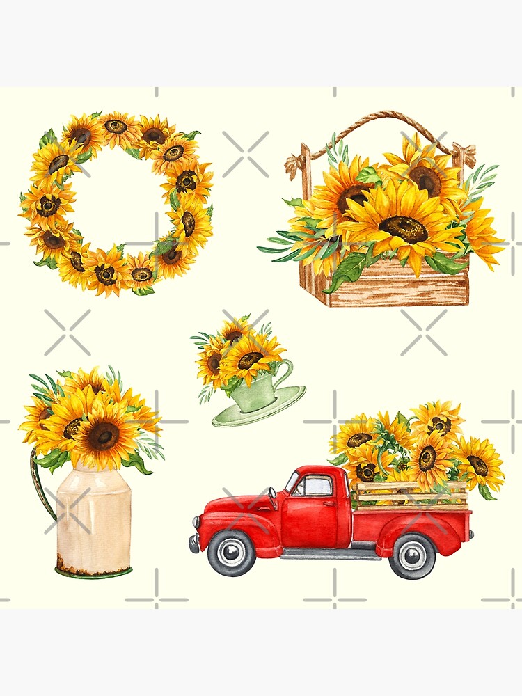 "Sunflower Arrangement Watercolor Vintage Farmhouse Pack" Poster for ...