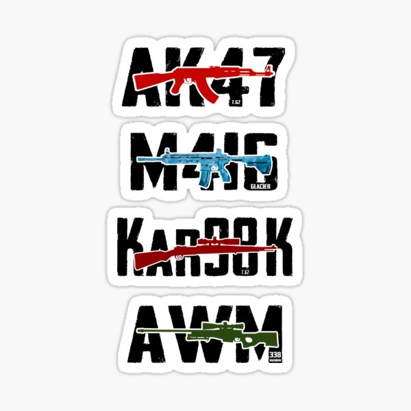 "Kar98k, AKM AK47, M416, AWM inscription from PUBG" Sticker by ...