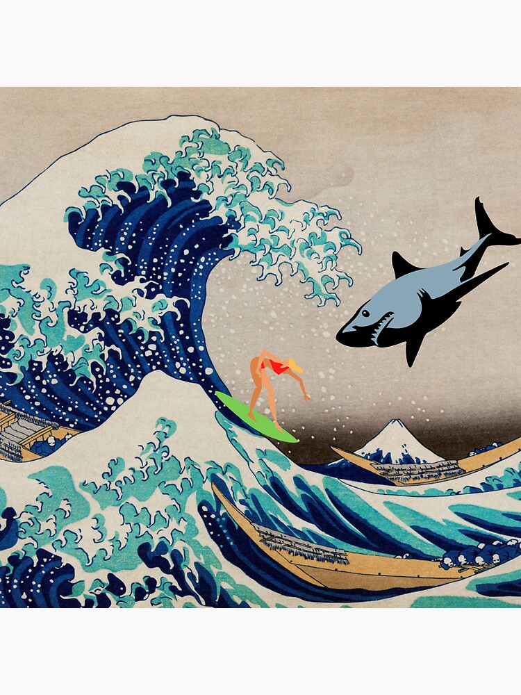"The Great Wave off Kanagawa funny surfer & shark attack design ...