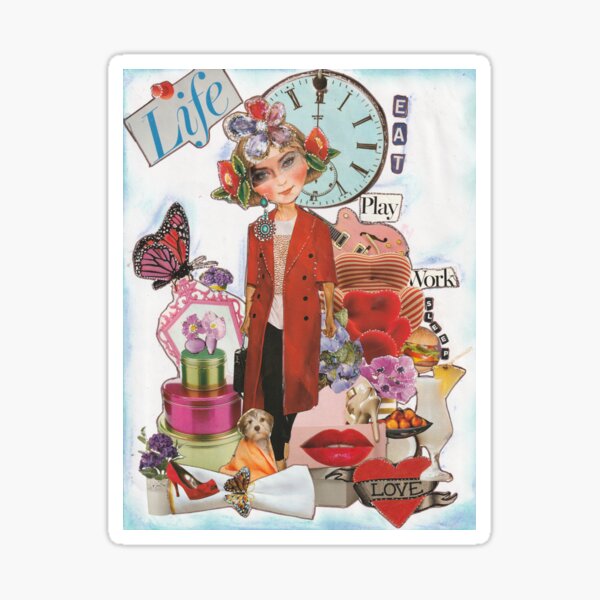 "Cute Dada Collage Art ¨Life: Eat, play, work, sleep, love .¨" Sticker ...