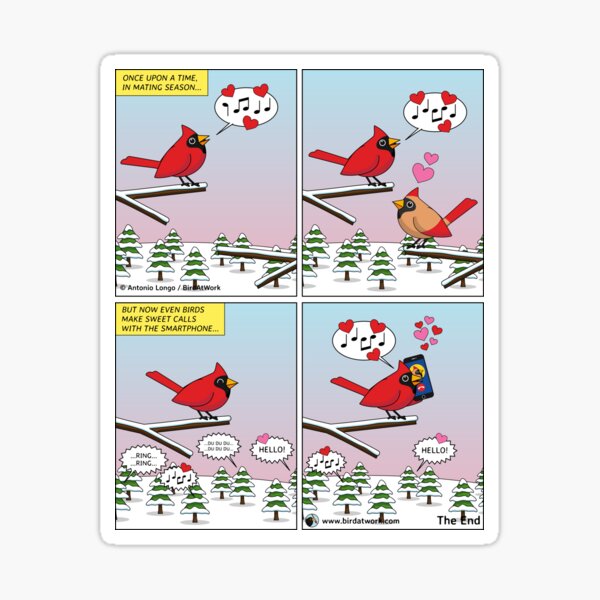 "Modern Bird Mating Calls Comic" Sticker by BirdAtWork | Redbubble