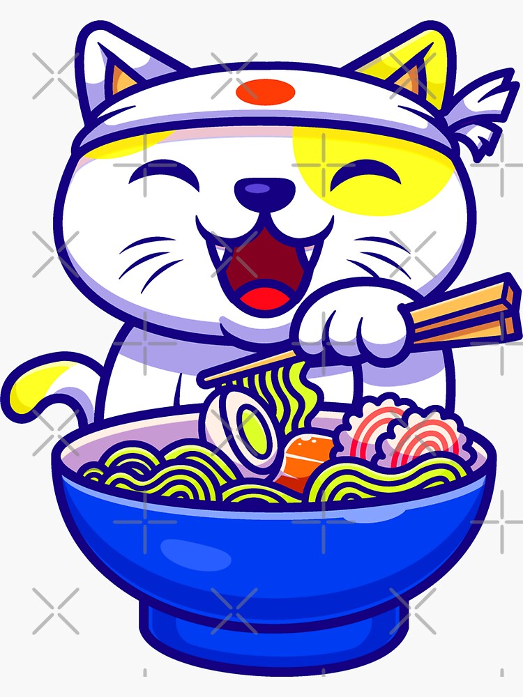 "Cute Cat Eating Ramen Noodle Cartoon Kawaii Anime Ramen " Sticker by ...