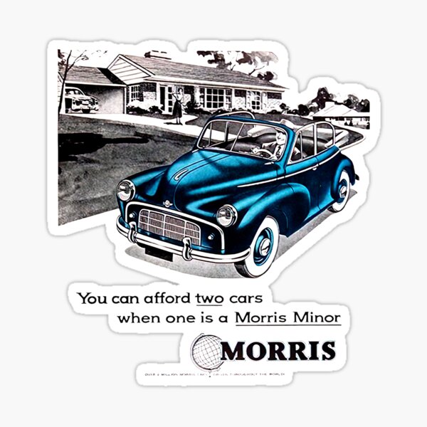 "MORRIS MINOR CONVERTIBLE - ADVERT" Sticker by ThrowbackM3 | Redbubble