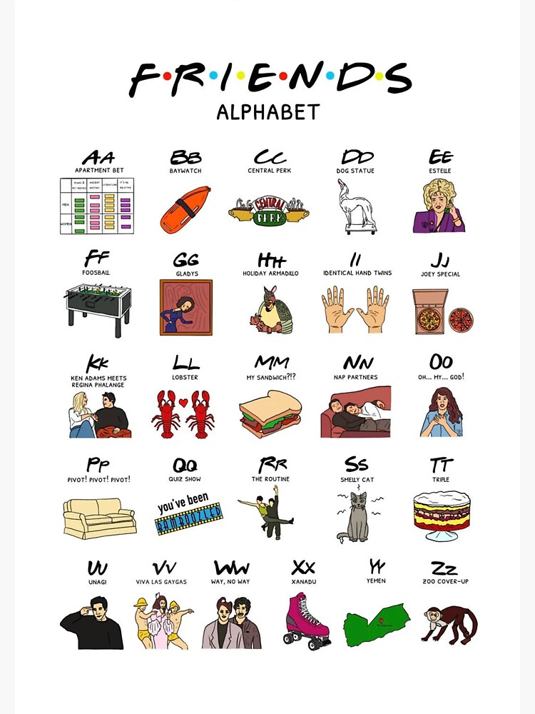 "Friends Alphabet Poster" Sticker by roberyholow | Redbubble